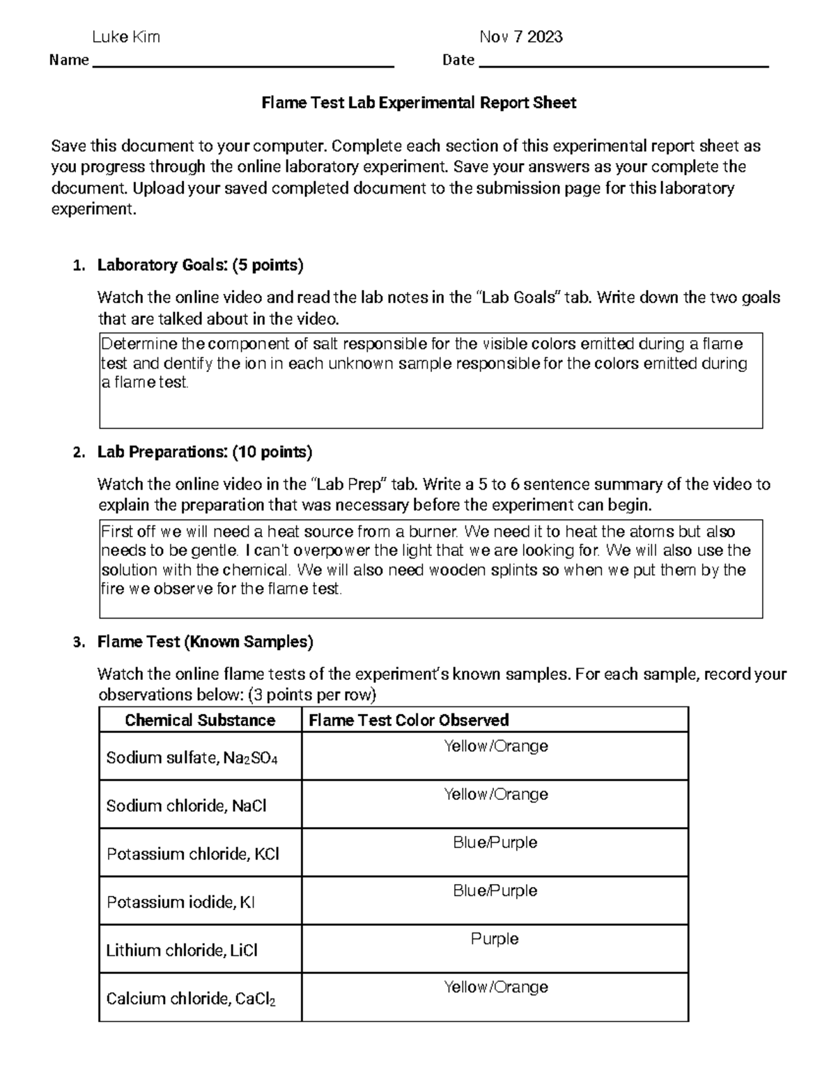 Flame Test Lab Worksheet - Experimental Report for Chemistry Course ...