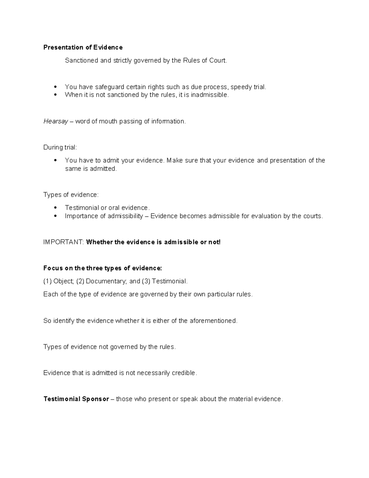 Evidence Notes: Presentation and Admissibility Under Court Rules - Studocu