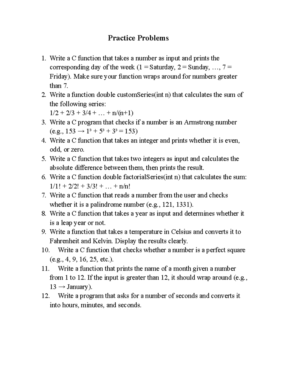 C Programming Practice Problems and Functions - Studocu