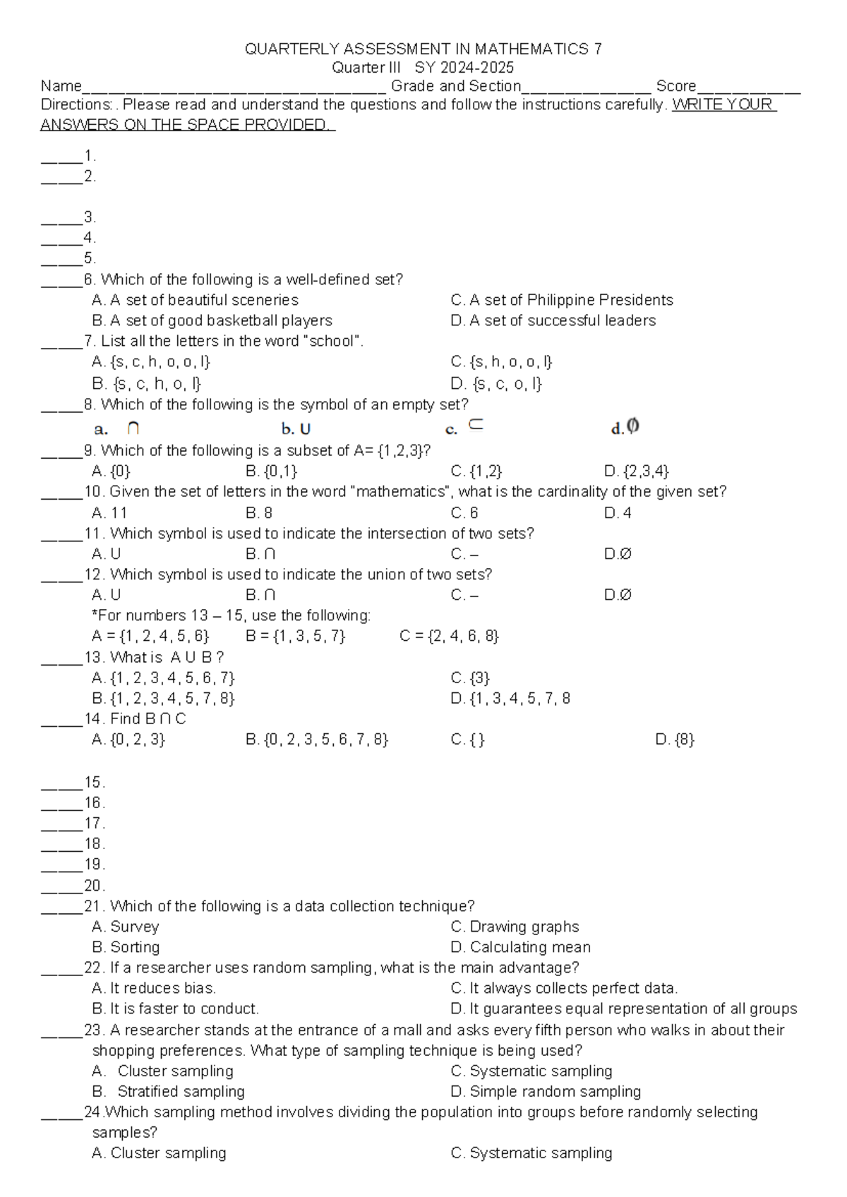 Math 7 Second quarter Exam - QUARTERLY ASSESSMENT IN MATHEMATICS 7 ...