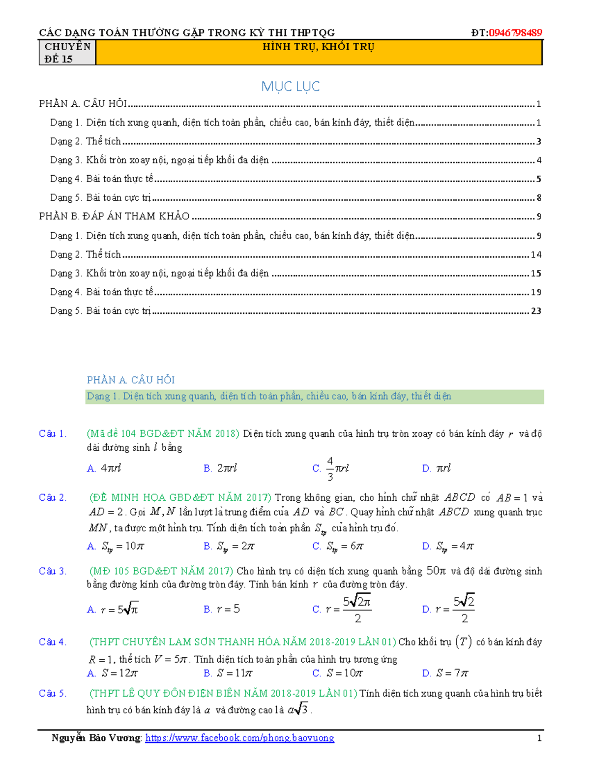 Hình chữ nhật ABCD quay xung quanh trục MN tạo thành hình trụ, tính diện tích toàn phần