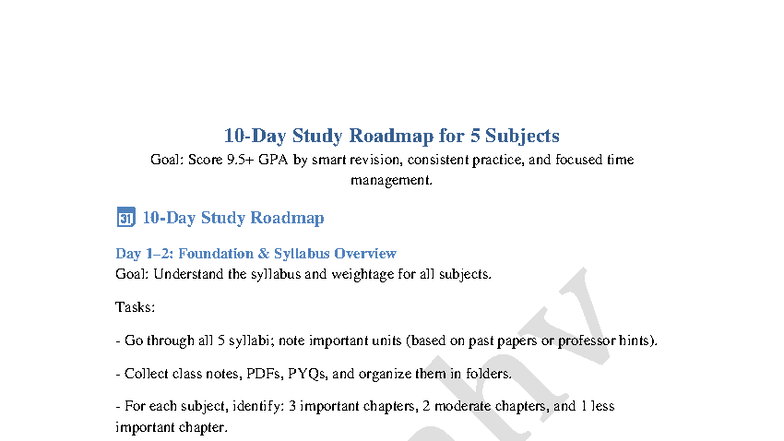 10-Day Study Roadmap for 5 Subjects - GPA Success Plan - Studocu