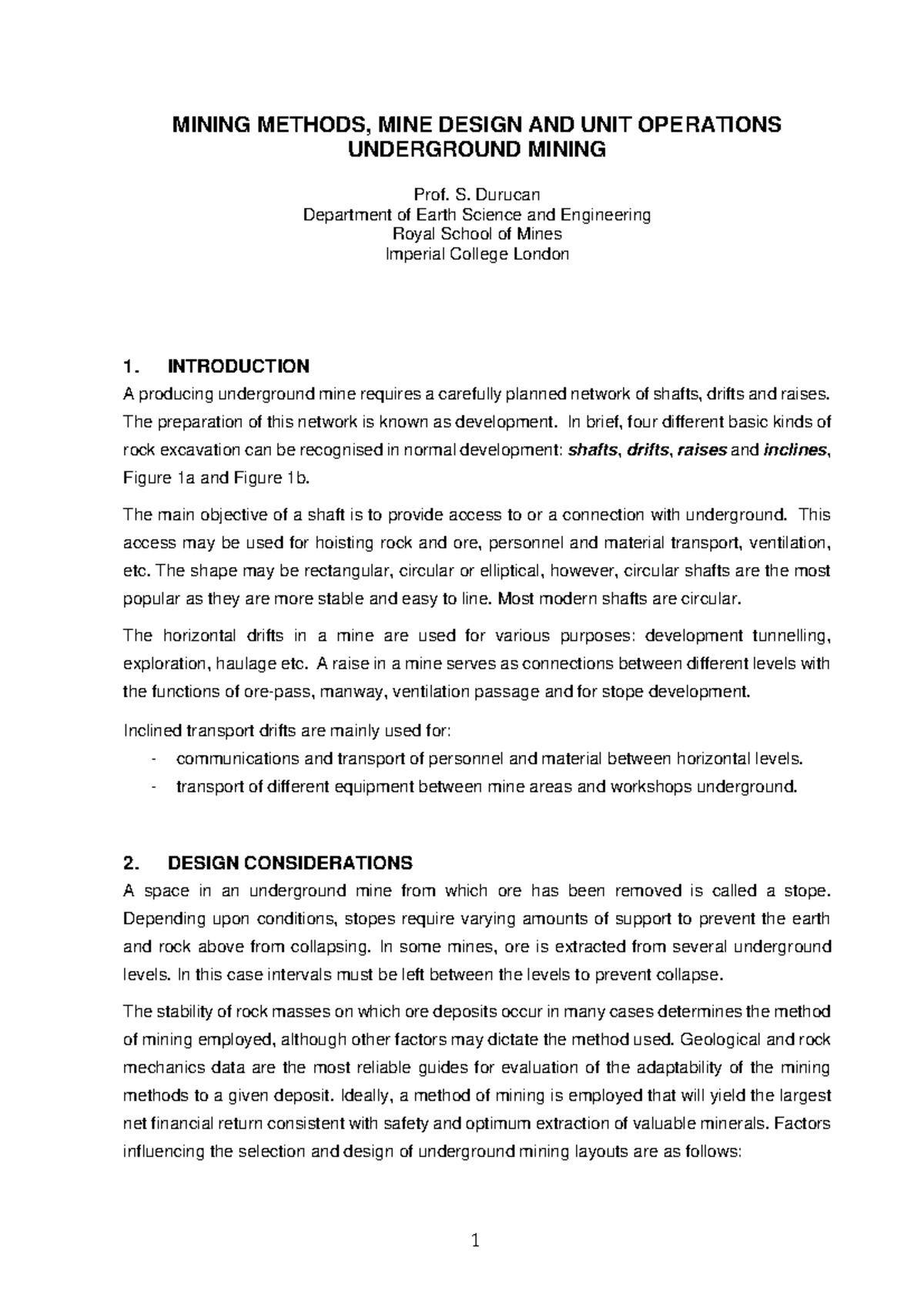 Mining Engineering Lecture Notes 2: Underground Mining Methods & Design ...