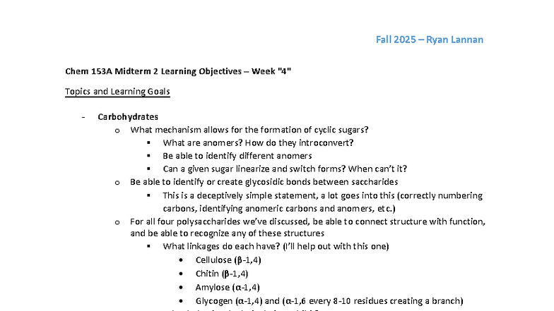 Fall 2025 Chem 153A Midterm 2 Learning Objectives: Carbs & Lipids - Studocu