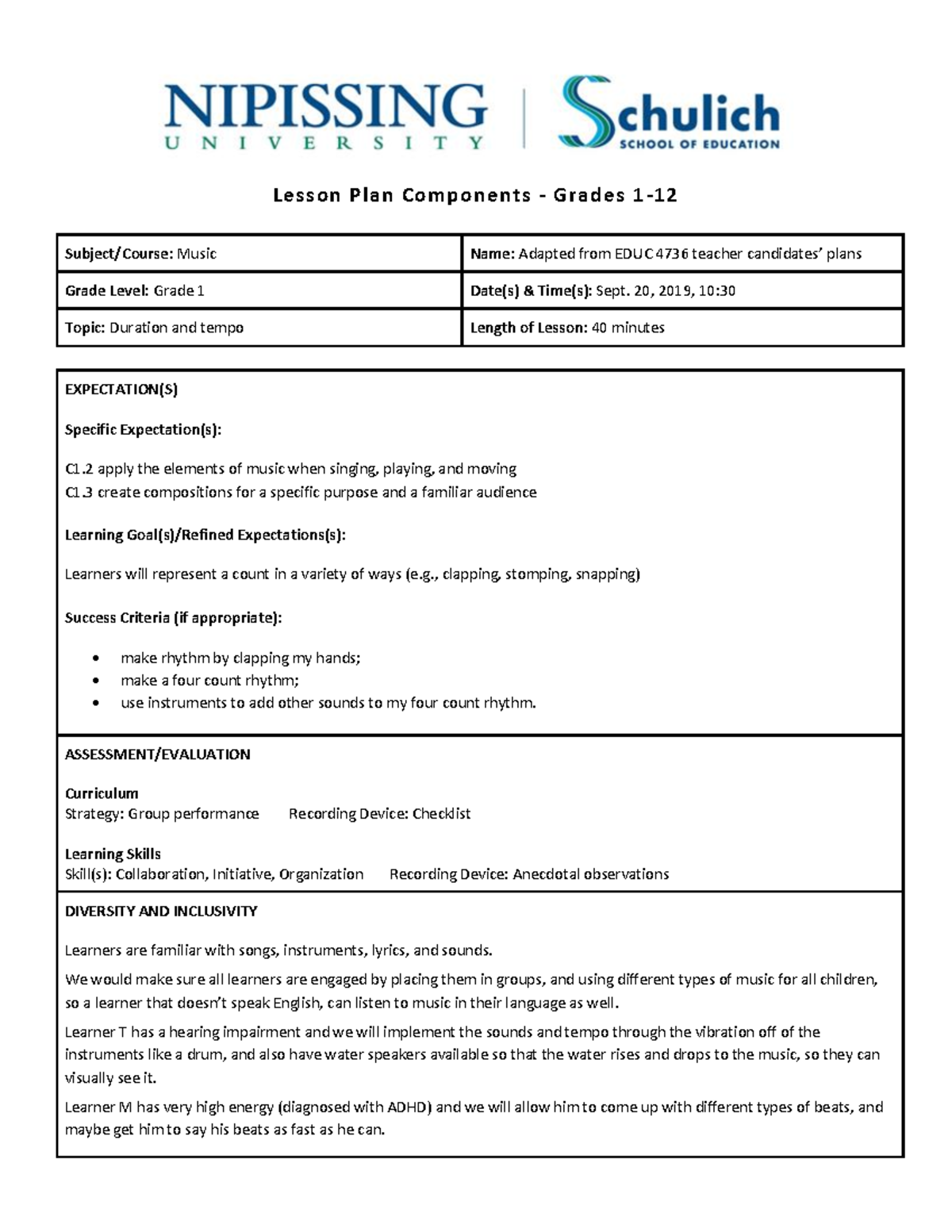 Grade 1 Music Lesson Plan: Exploring Duration and Tempo - Studocu