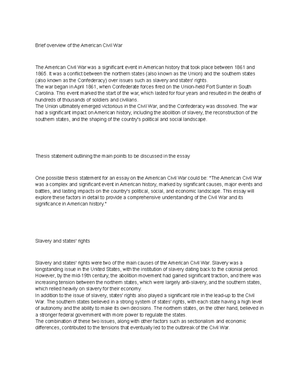 Civil war essay - Brief overview of the American Civil War The American ...