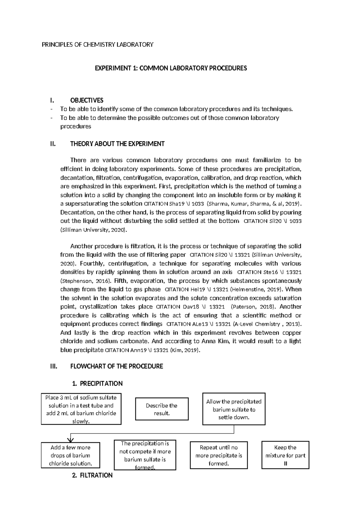 Lab Rep 1 - PRINCIPLES OF CHEMISTRY LABORATORY EXPERIMENT 1: COMMON LABORATORY PROCEDURES I ...