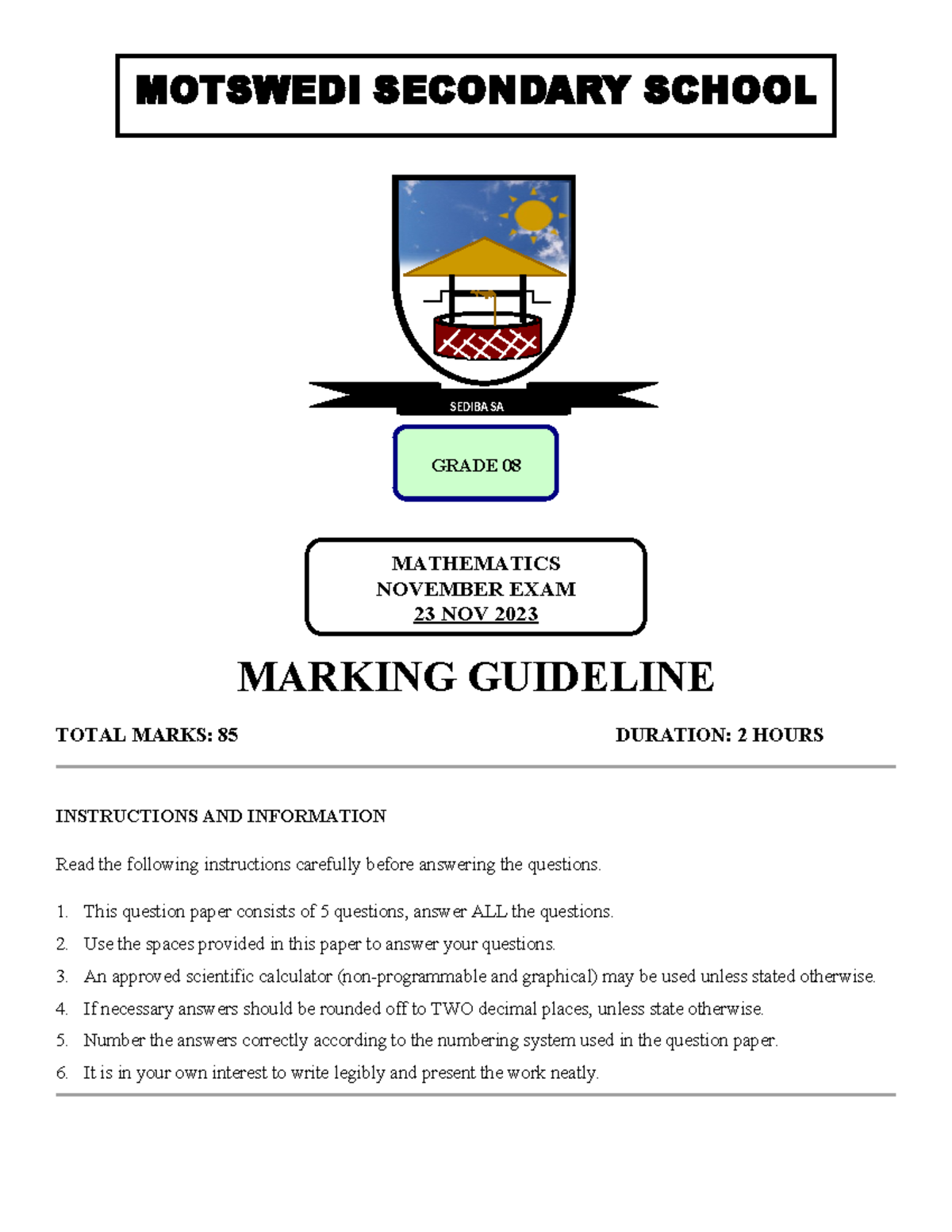 Grade 8 Mathematics November Exam Memo 2023 Analysis and Guidelines ...