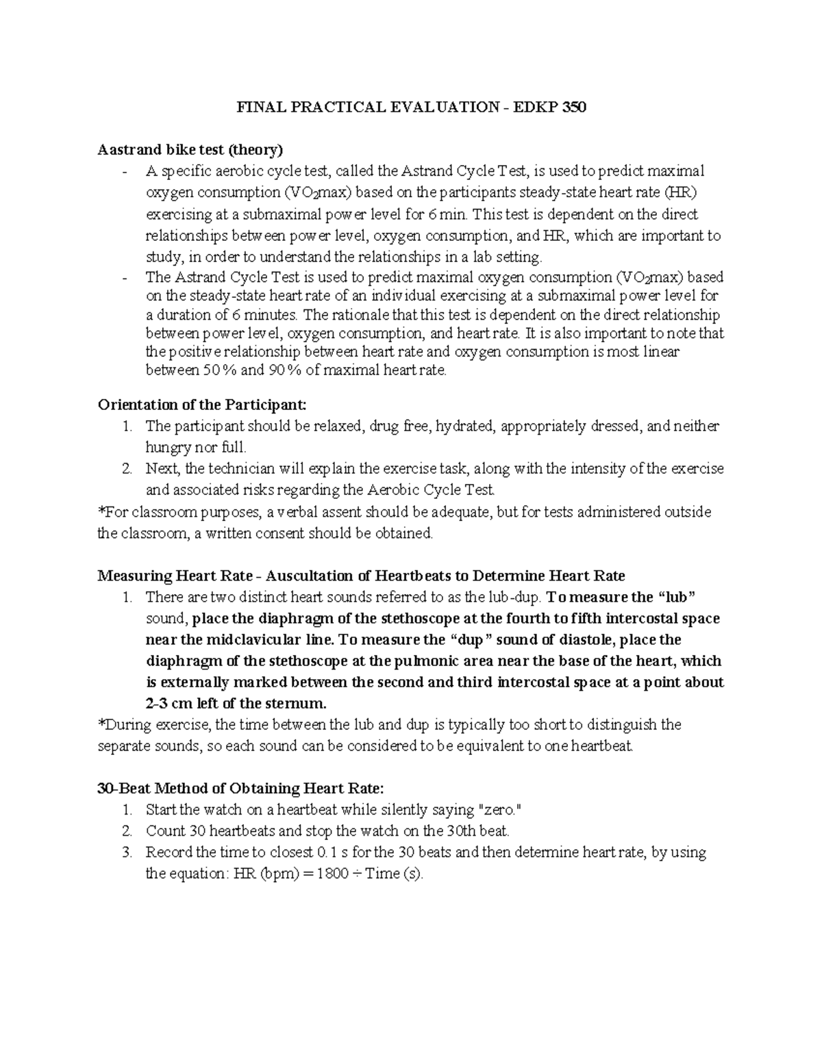 Final Practical Evaluation Guide - EDKP 350: Astrand Cycle Test - Studocu