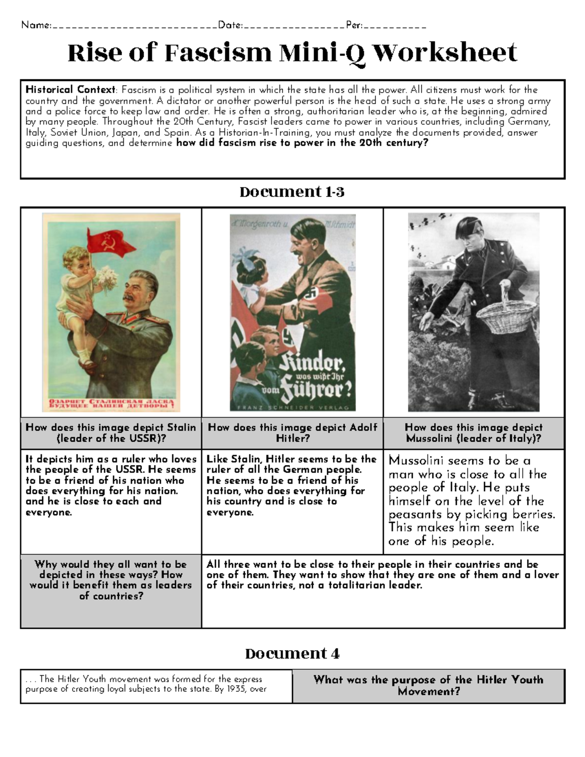 Rise of Fascism Worksheet: Analyzing 20th Century Political Systems ...