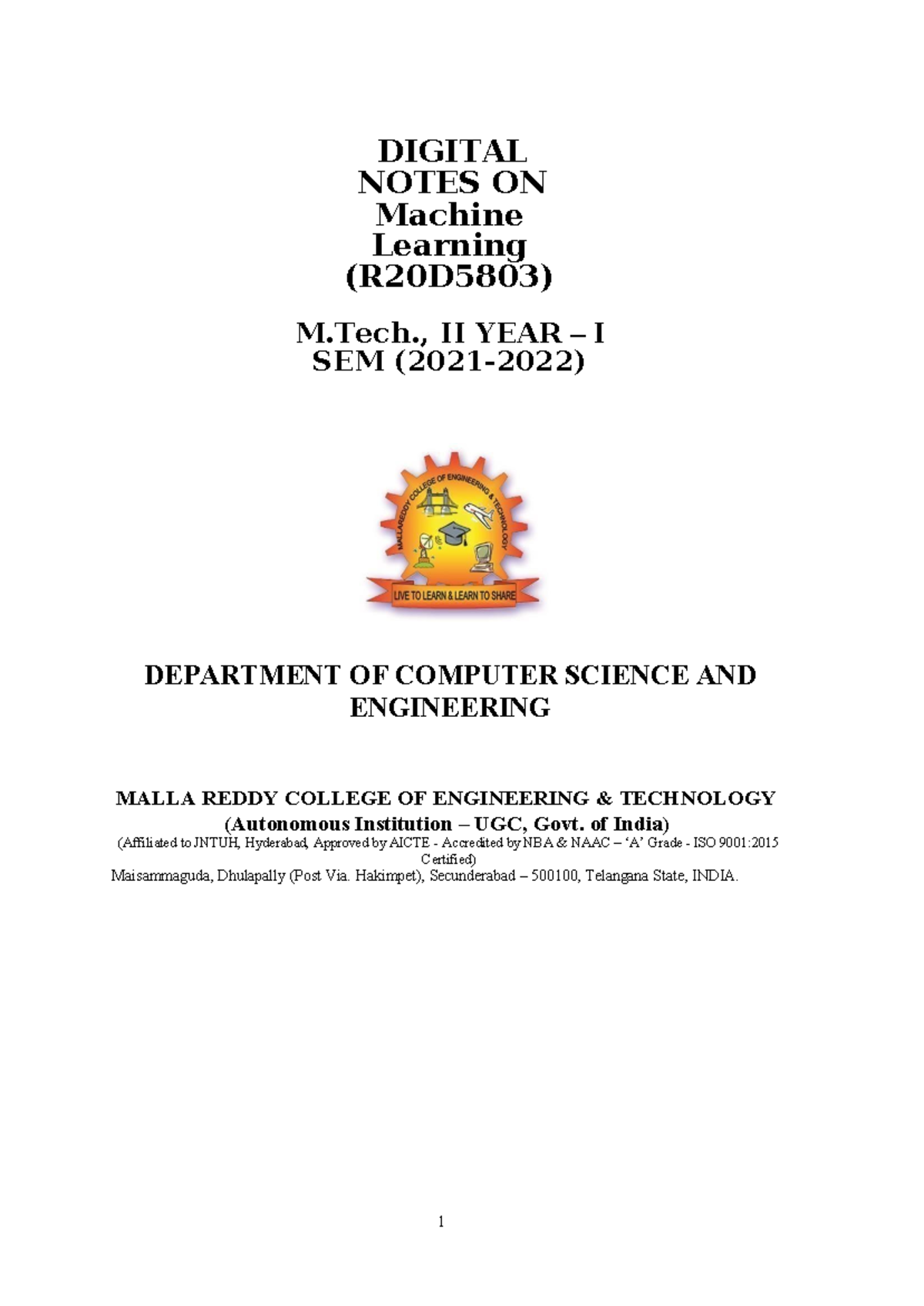 Machine Learning Notes for R20D5803 - M.Tech II Year I Sem - Studocu