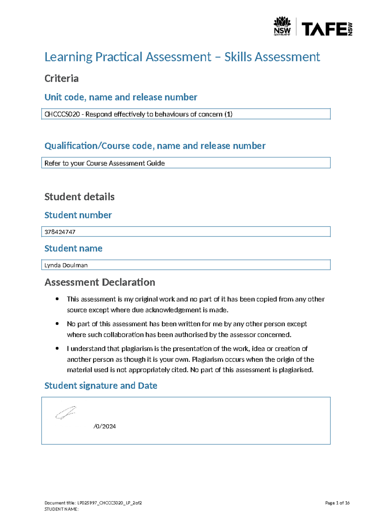 LP025997_CHCCCS020_Learning Practical Skills Assessment Guide - Studocu