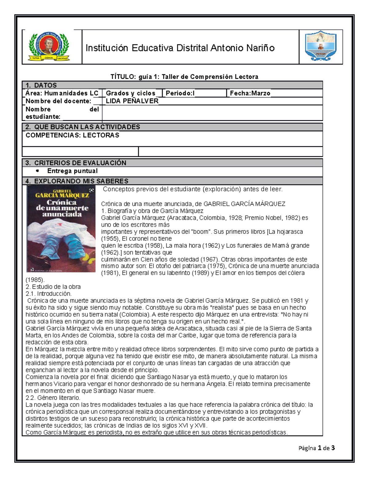 Guía 1: Taller de Comprensión Lectora sobre "Crónica de una Muerte ...