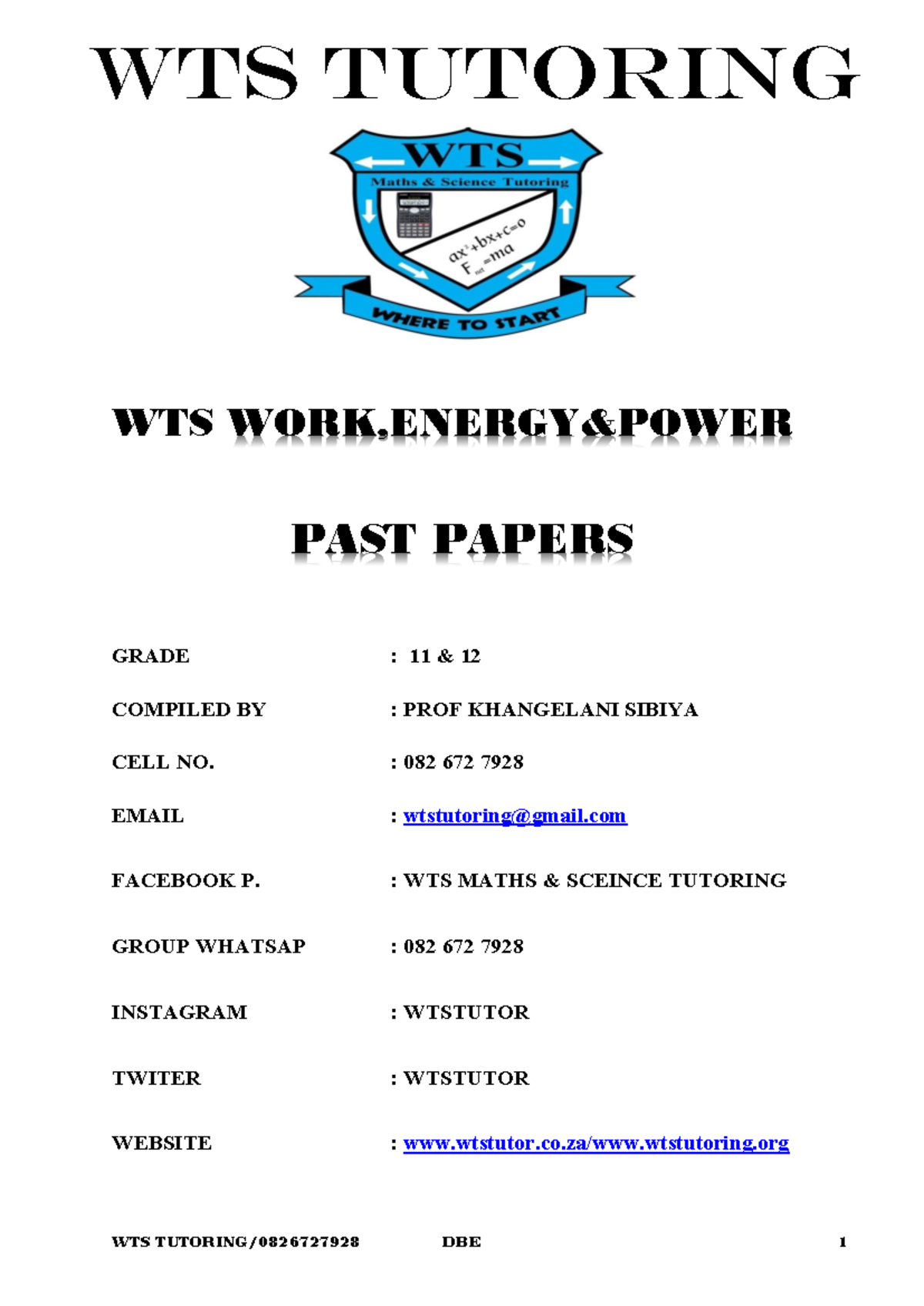 WTS 12 WORK, Energy & Power Past Exam Questions for Grades 11-12 - Studocu