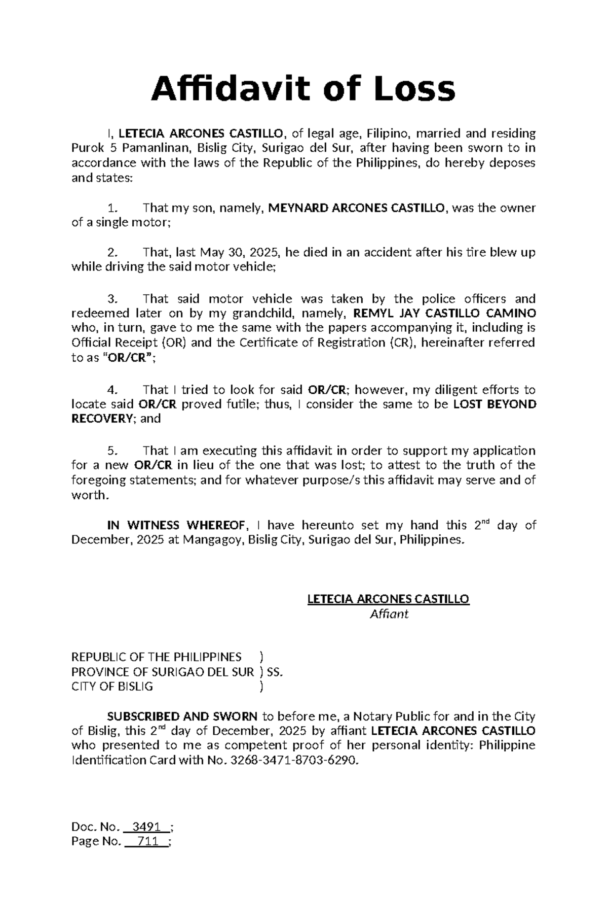 Affidavit of Loss for Driver's License - ITAM C Gromia - Studocu