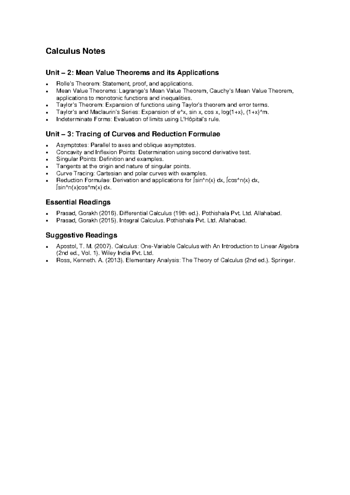 Calculus Notes (MATH101): Mean Value Theorems & Curve Tracing - Studocu