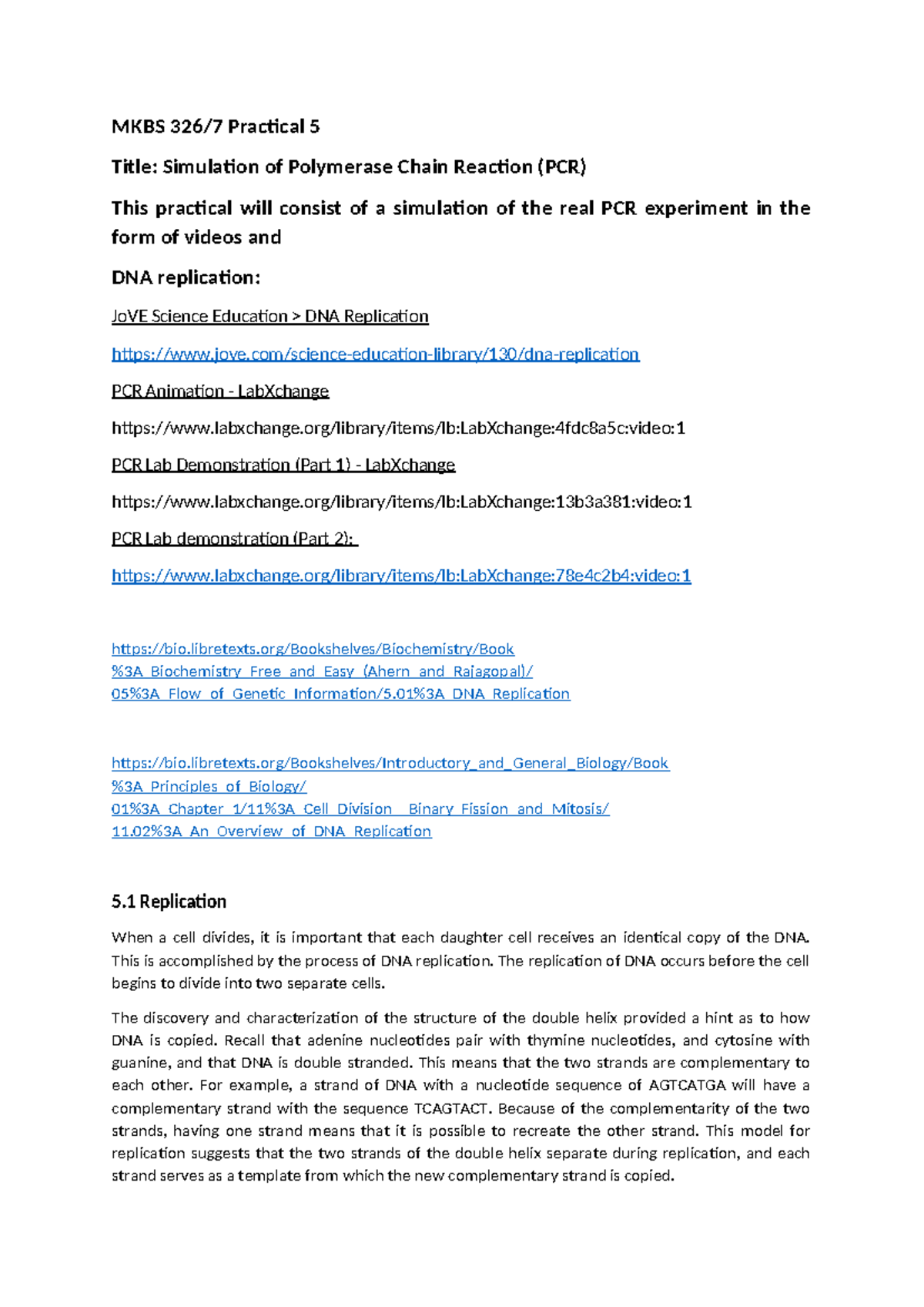 MKBS 326/7 Practical 5: PCR Simulation Overview and Methodology - Studocu