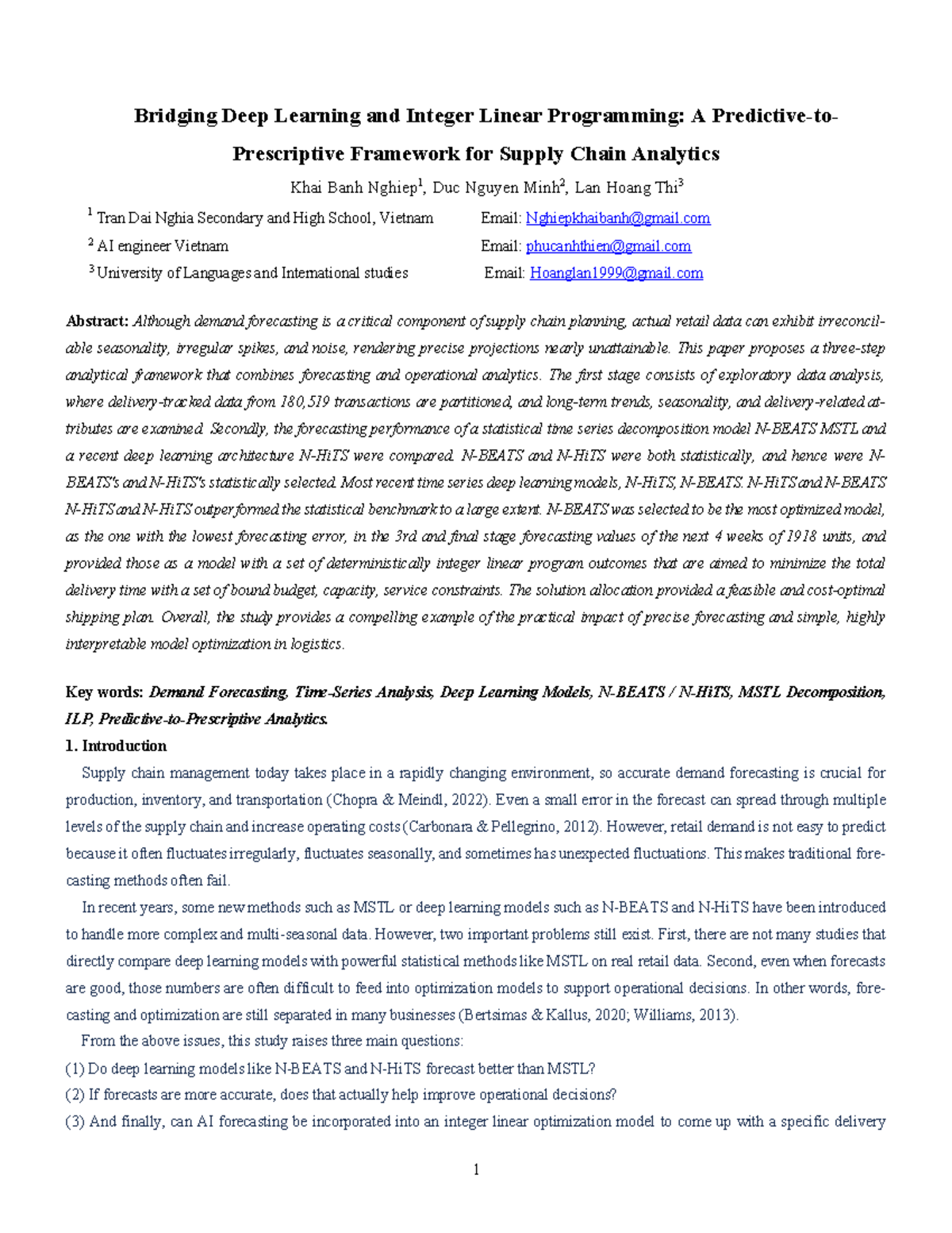 Supply Chain Analytics: Integrating Deep Learning & ILP (Course Code ...