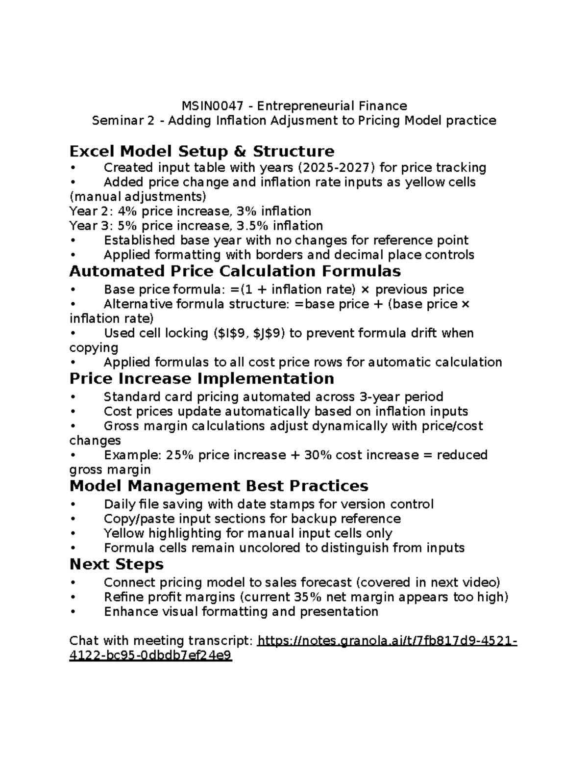 MSIN0047 Seminar 2: Inflation Adjustment in Pricing Model Excel Setup ...