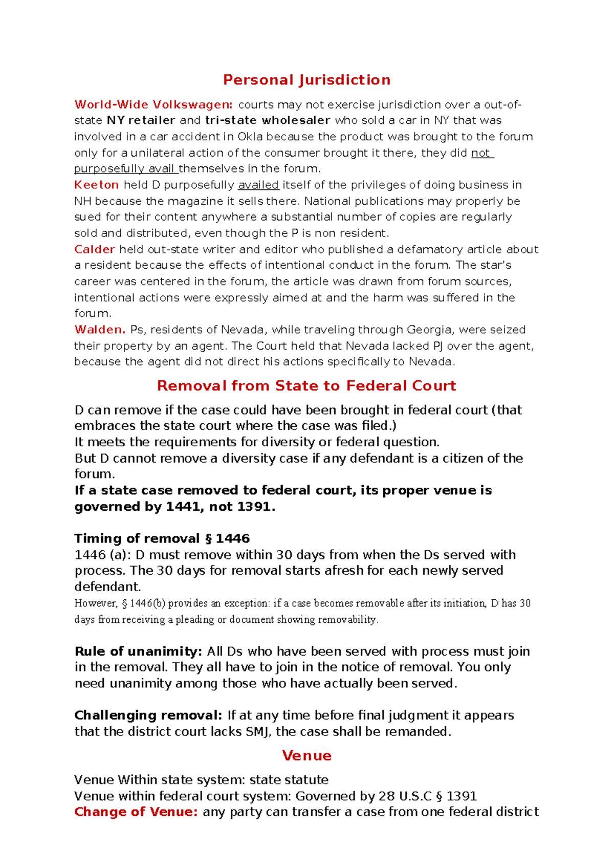 Civil Procedure Outline (Law 101): Personal Jurisdiction, Removal ...