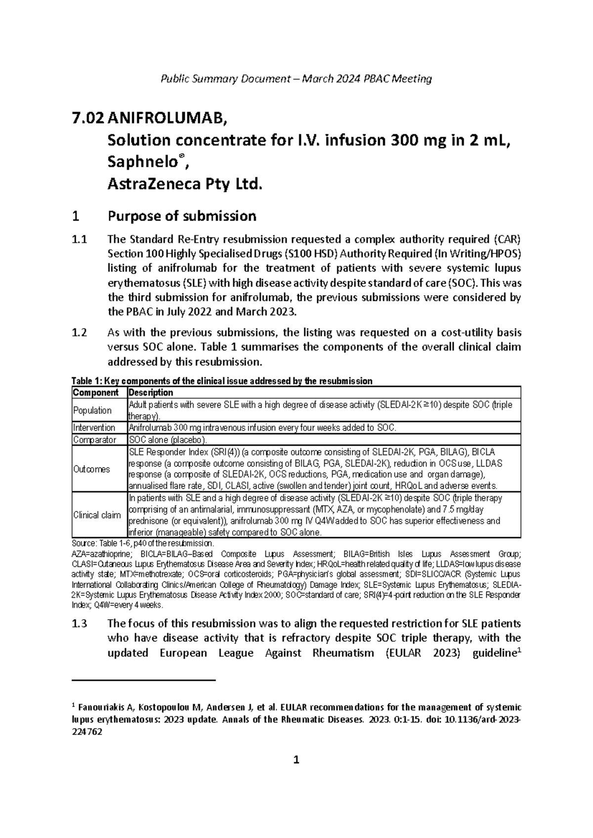 Public Summary Document for Anifrolumab Submission - PBAC March 2024 ...