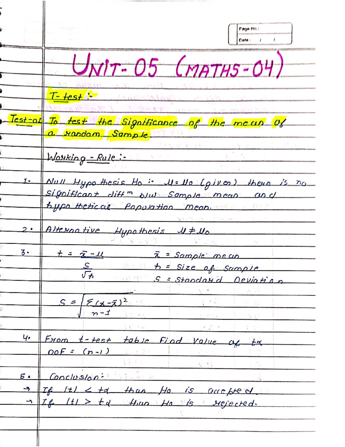 Unit 5 Maths 4 - Test 01: Significance of Sample Mean and Variance ...
