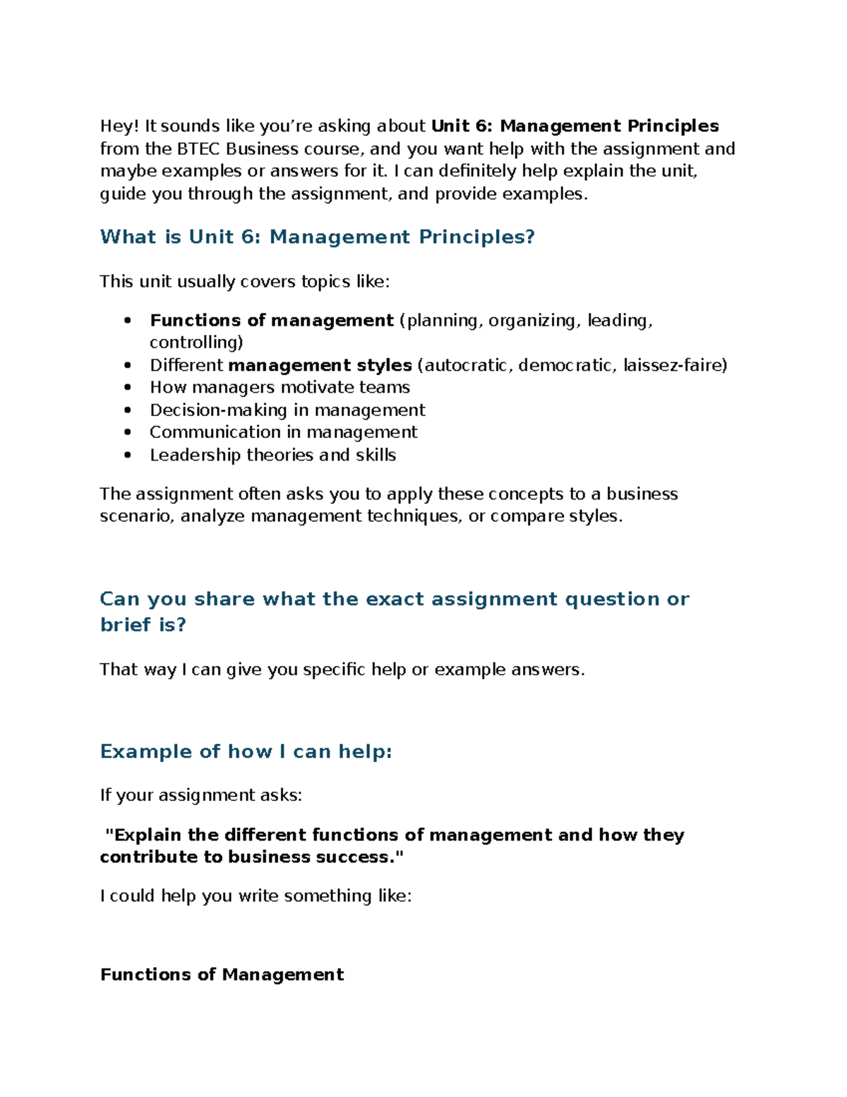 BTEC Business Unit 6: Management Principles Assignment Help - Studocu