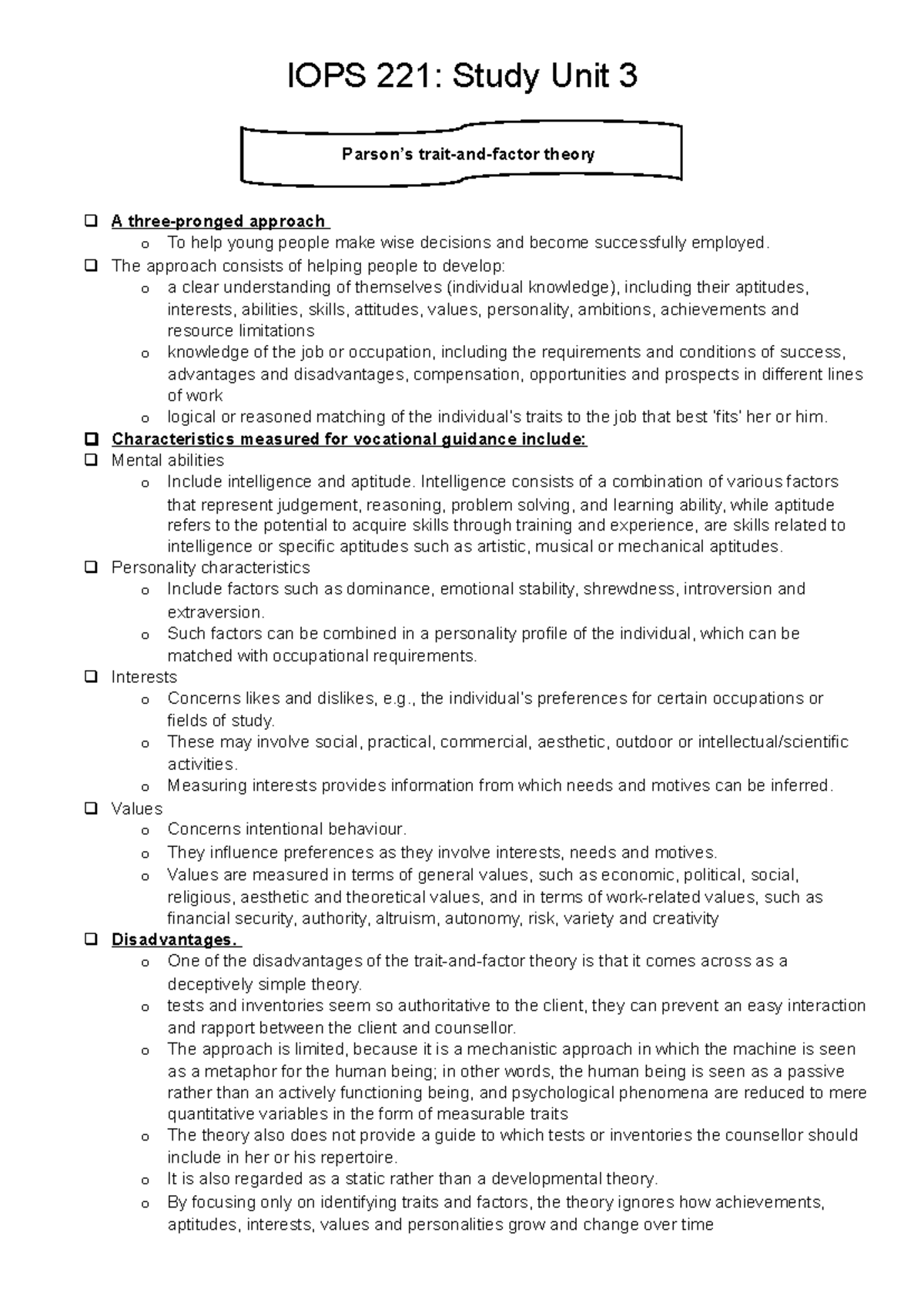 IOPS 221: Study Unit 3 - Career Decision-Making Approaches - Studocu