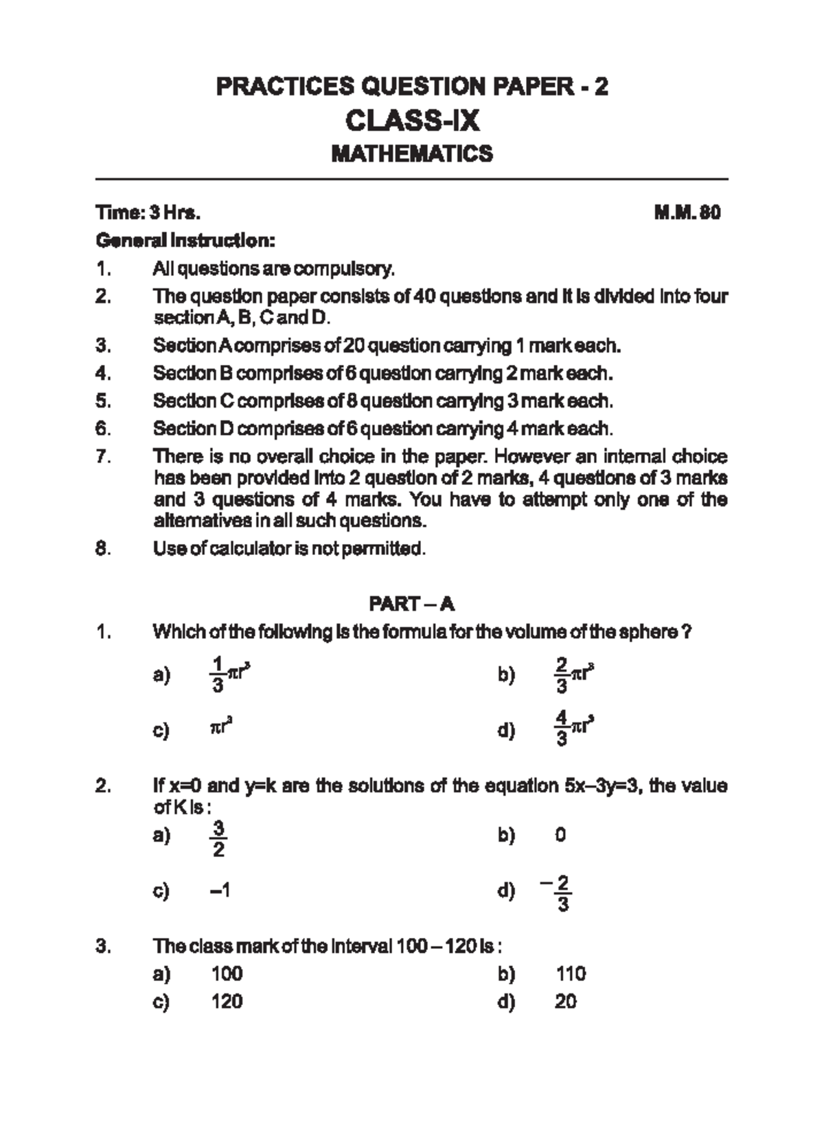 9 Maths Sample Paper 2020-21 Set 2: Practice Questions and Answers ...