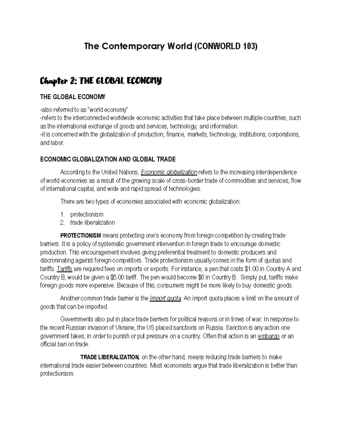 CONWORLD 103 - Lesson 10: Understanding Global Economy Dynamics - Studocu