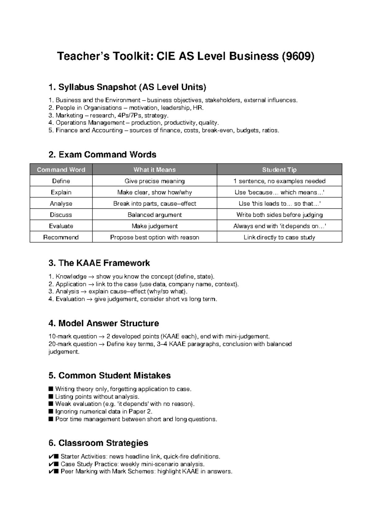 AS Level Business (9609) Teacher Toolkit: Syllabus & Exam Tips - Studocu