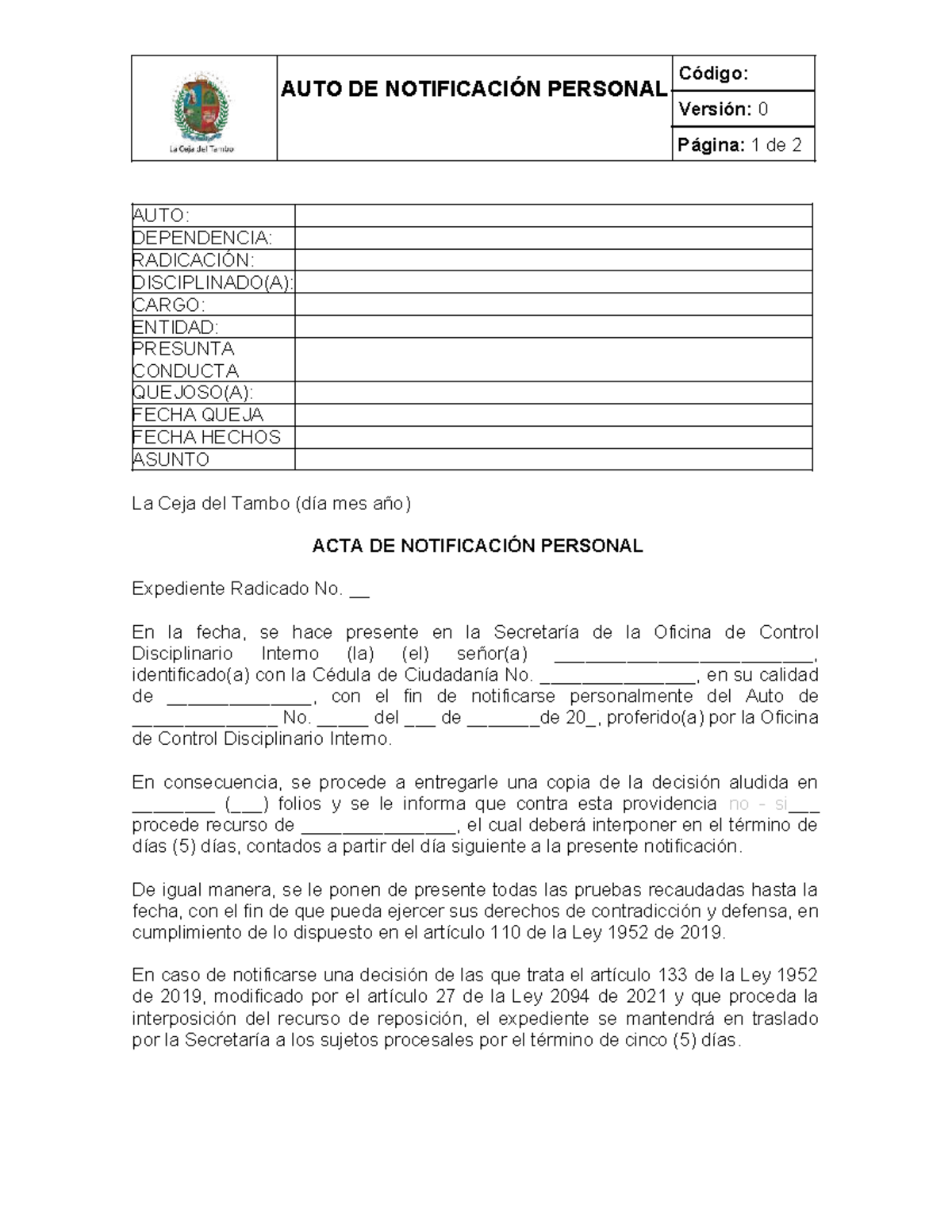 3. Formato Notificación Personal - AUTO DE NOTIFICACIÓN PERSONAL Código ...