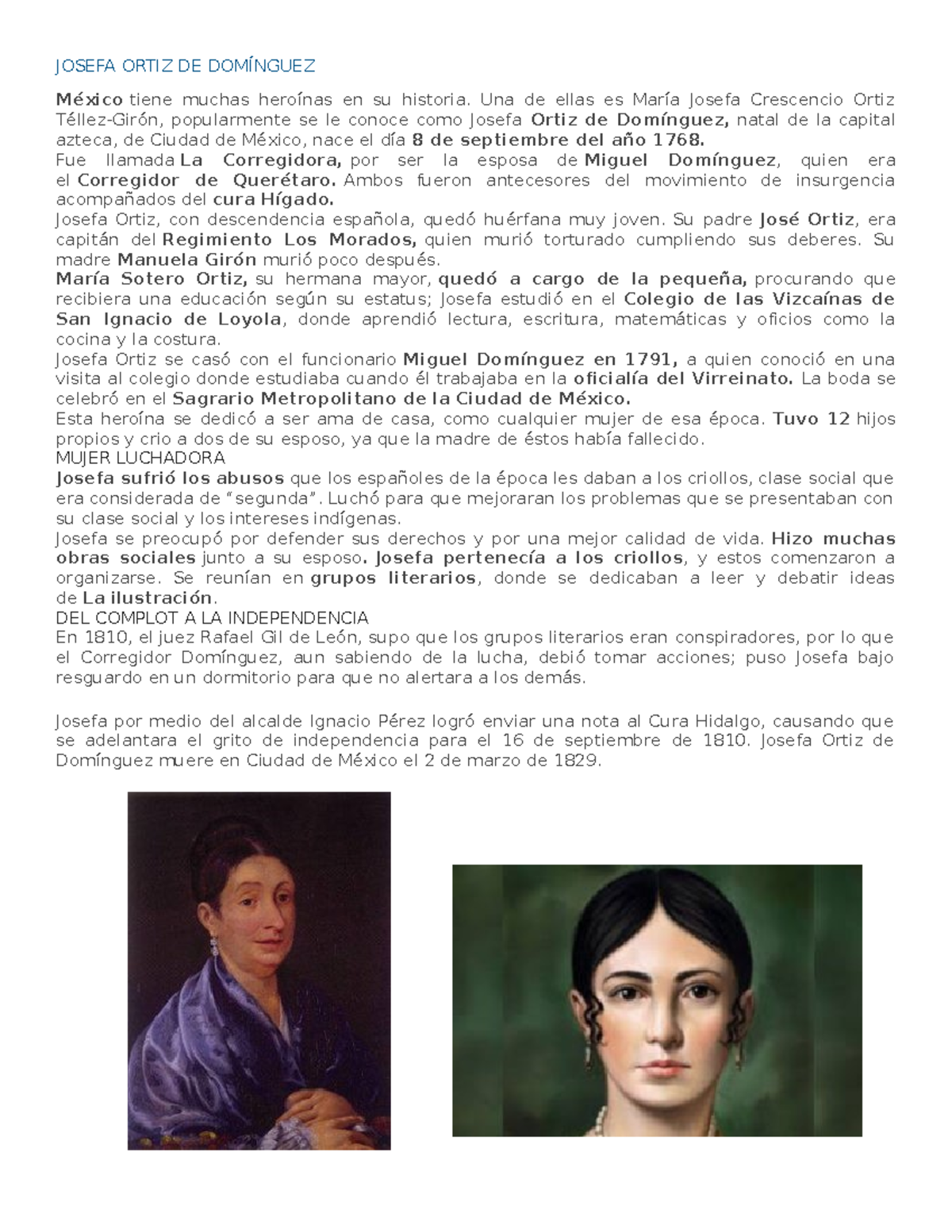 Biografía de Josefa Ortiz de Domínguez: Heroína Mexicana - Studocu