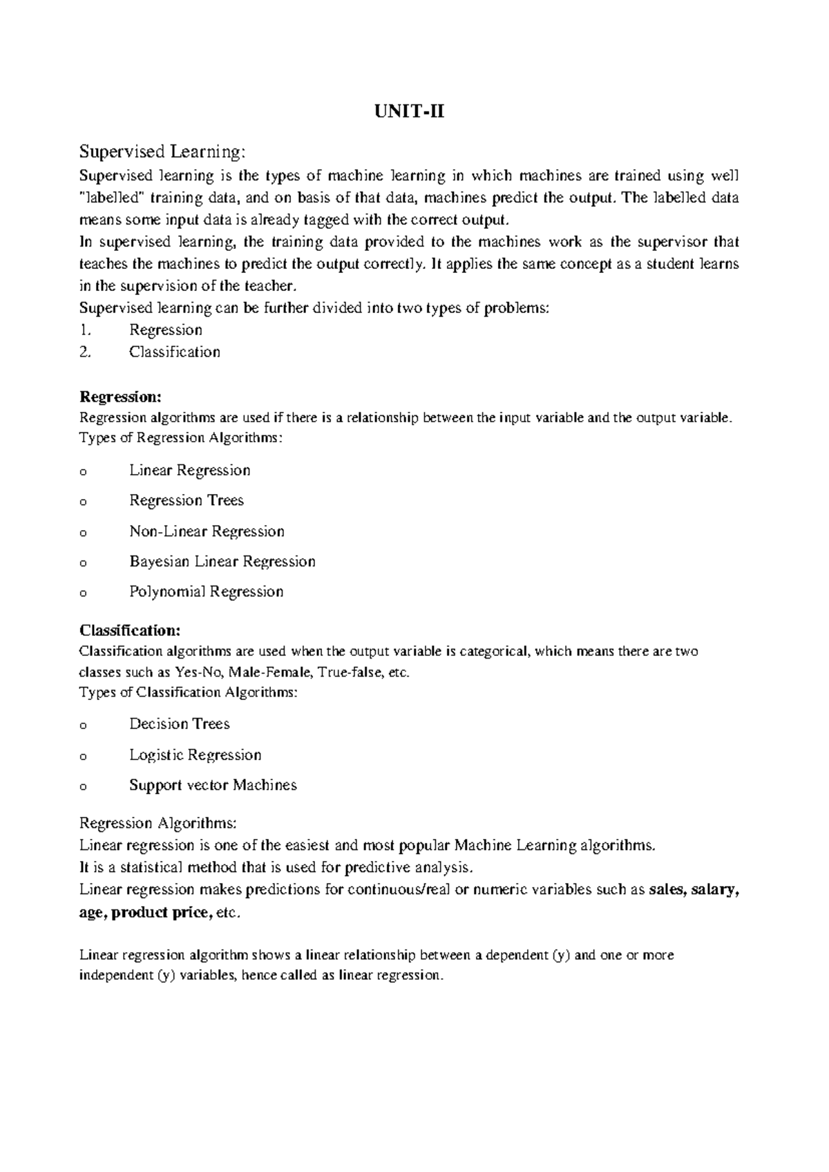 ML UNIT II - Supervised Learning Concepts and Algorithms - Studocu