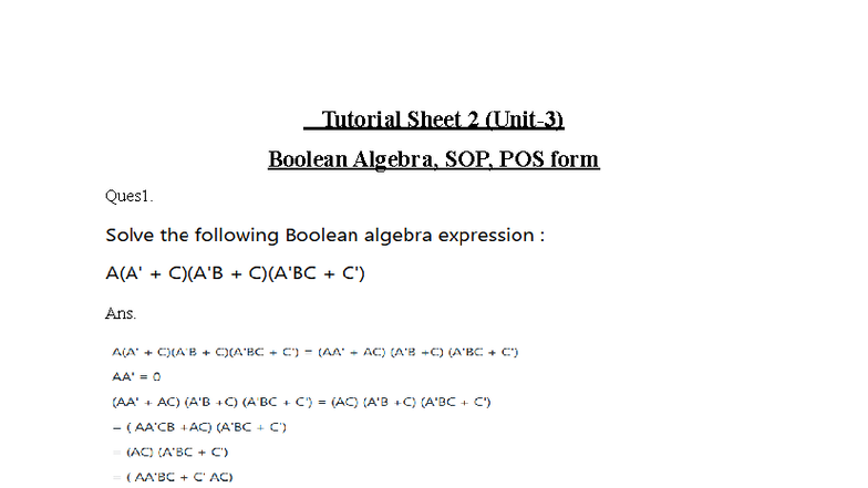 Unit 3 Tutorial Sheet: Boolean Algebra, SOP & POS Forms - Studocu