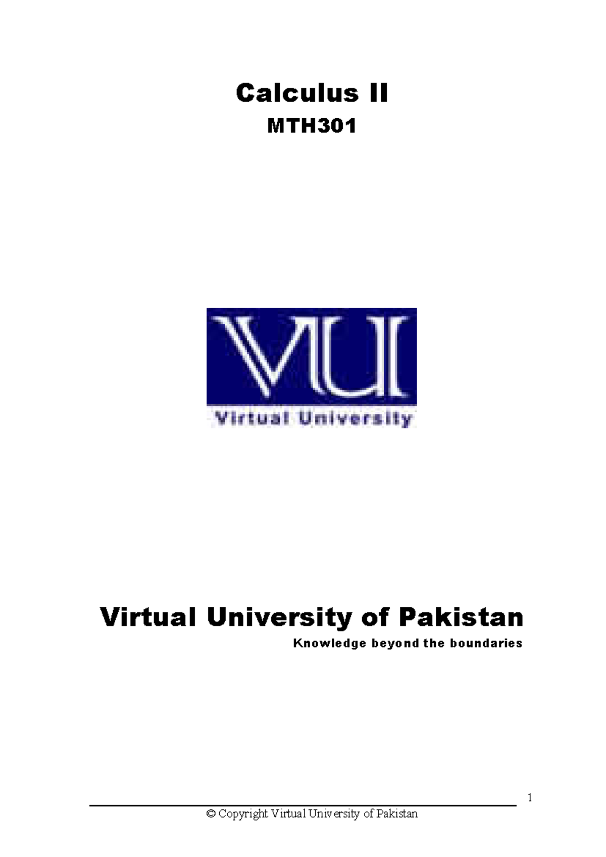 MTH301 Highlight Handout By Vu Topper RM-1 - 1 Calculus II MTH Virtual University of Pakistan ...