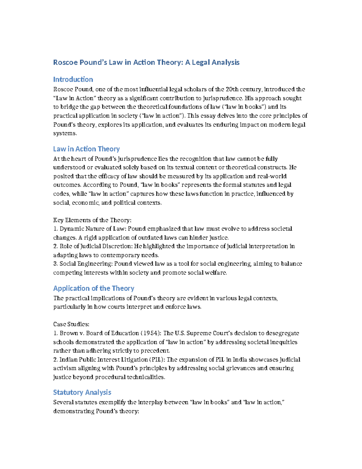 Roscoe Pound's Law in Action Theory: A Legal Analysis Essay Notes - Studocu