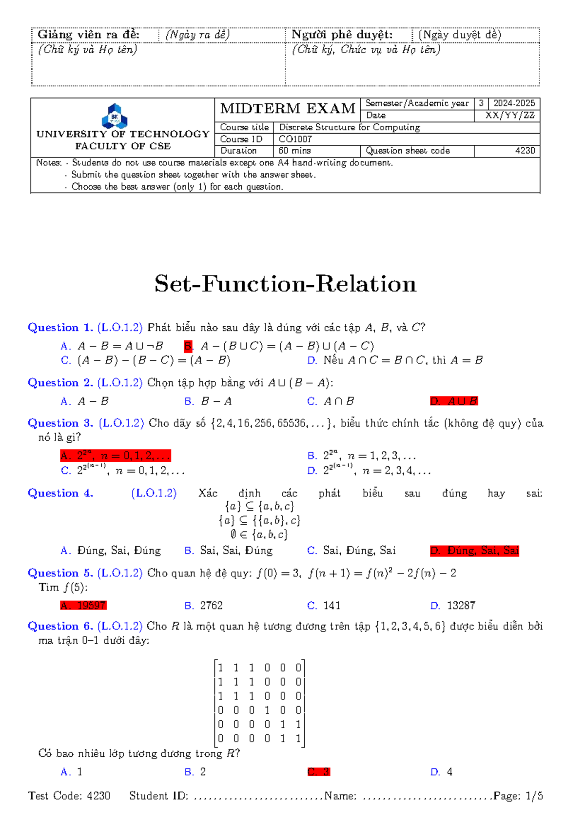 CO1007 Midterm Exam: Discrete Structure for Computing Question Sheet - Studocu