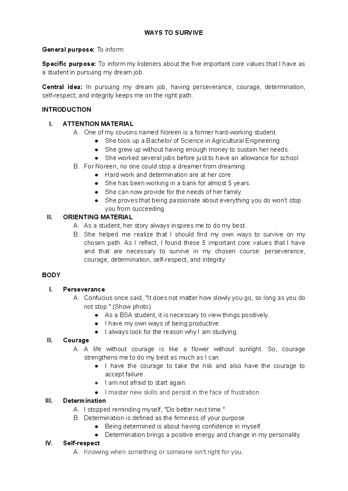 Speech Outline - WAYS TO SURVIVE General purpose: To inform Specific ...
