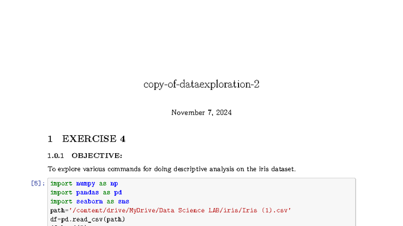 Data Exploration Exercise 4: Descriptive Analysis of Iris Dataset - Studocu