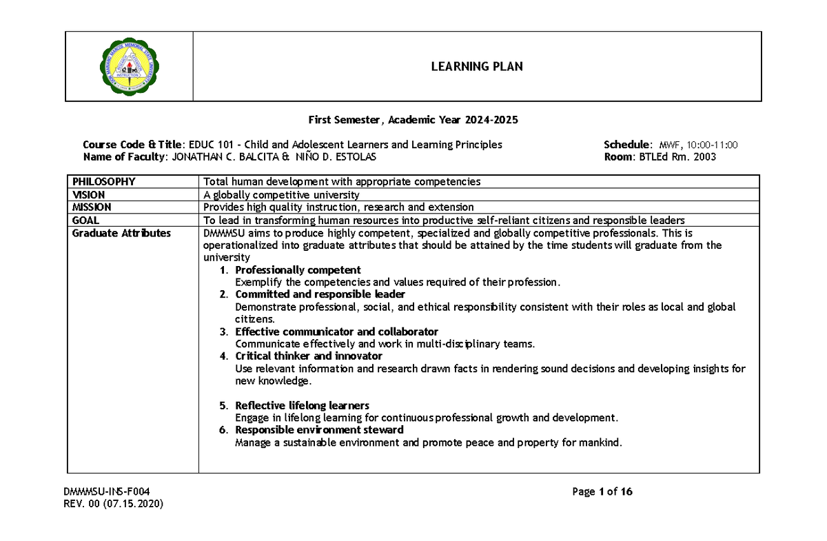 EDUC 101 Learning Plan with SDG 2024-2025 - DMMMSU-INS-F004 Page 1 of ...