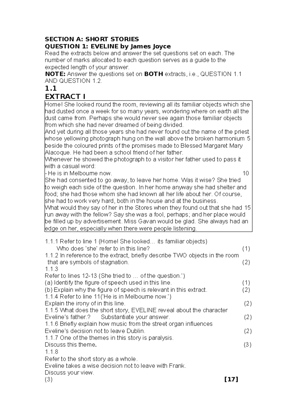 Eveline: Short Story Analysis & Questions (ENG 101) - Studocu