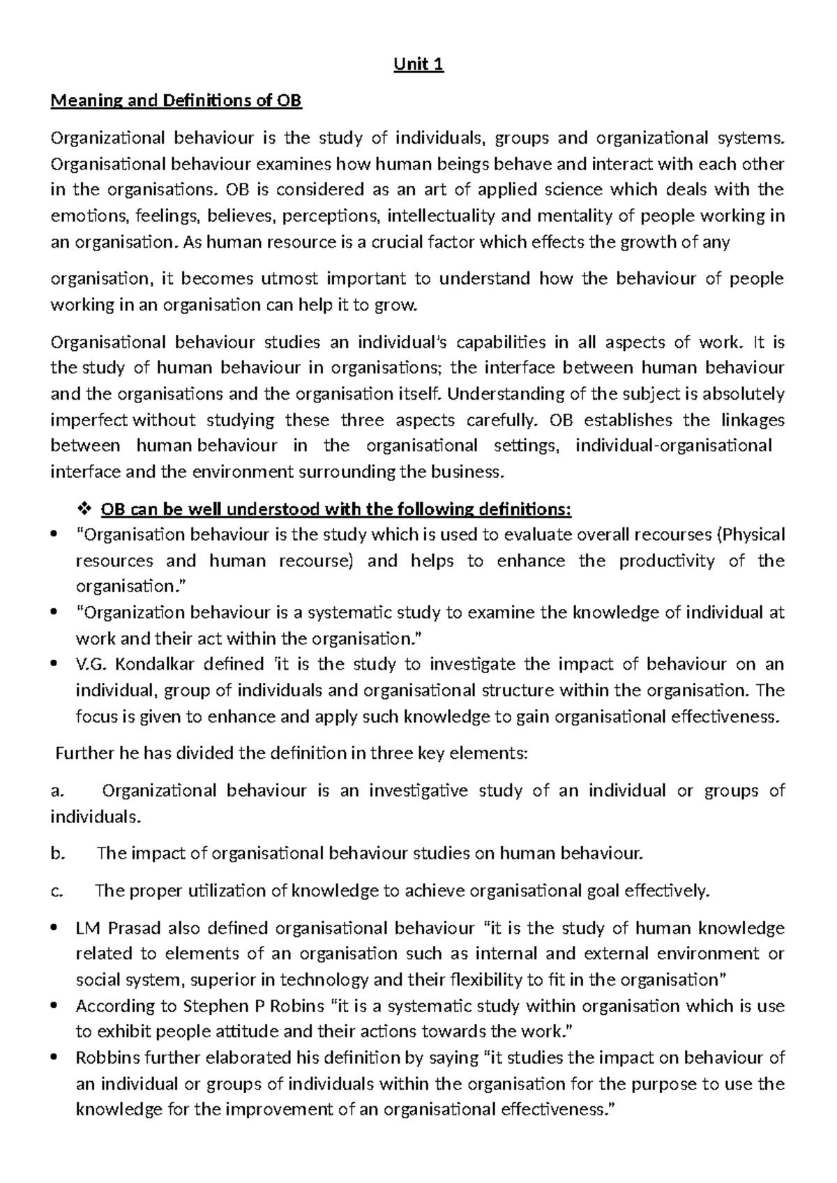 Organisational Behaviour (OB) - Unit 1 Overview and Key Concepts - Studocu
