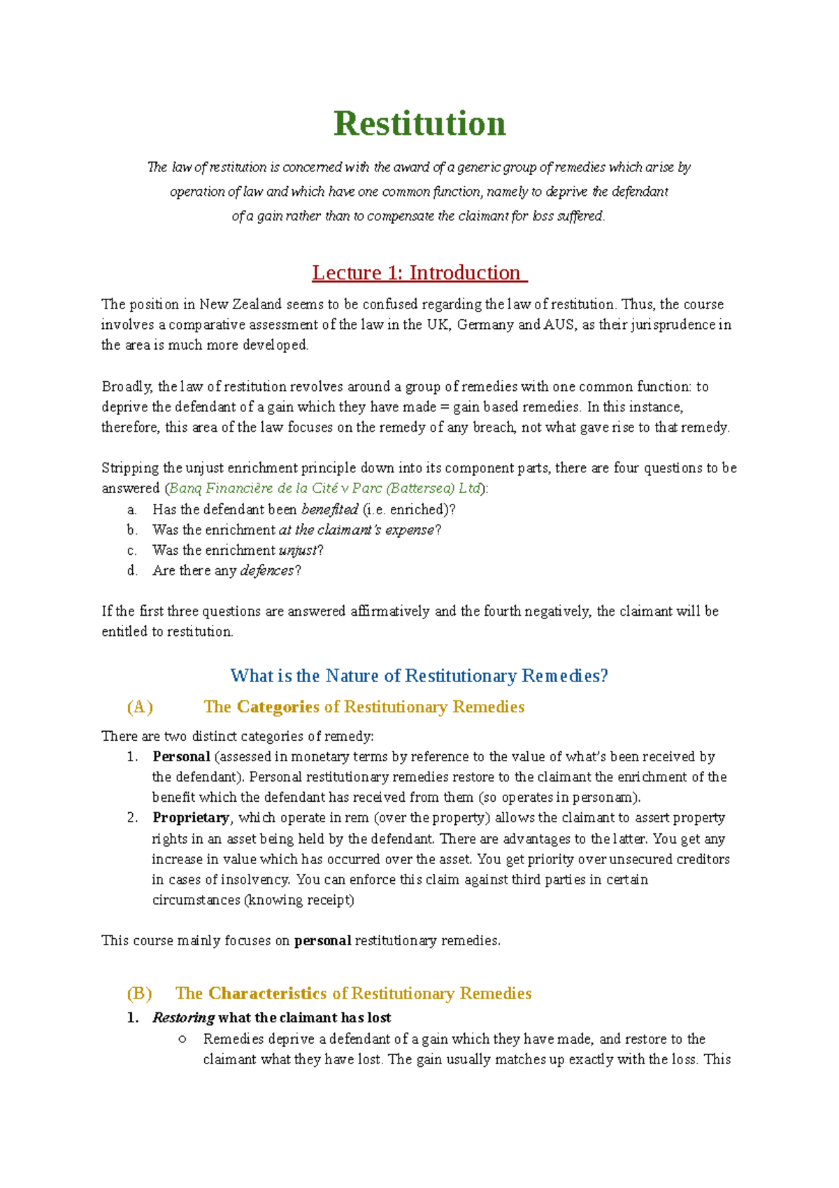 Restitution Law: Comparative Analysis (NZ, UK, AUS) - Lecture Notes ...