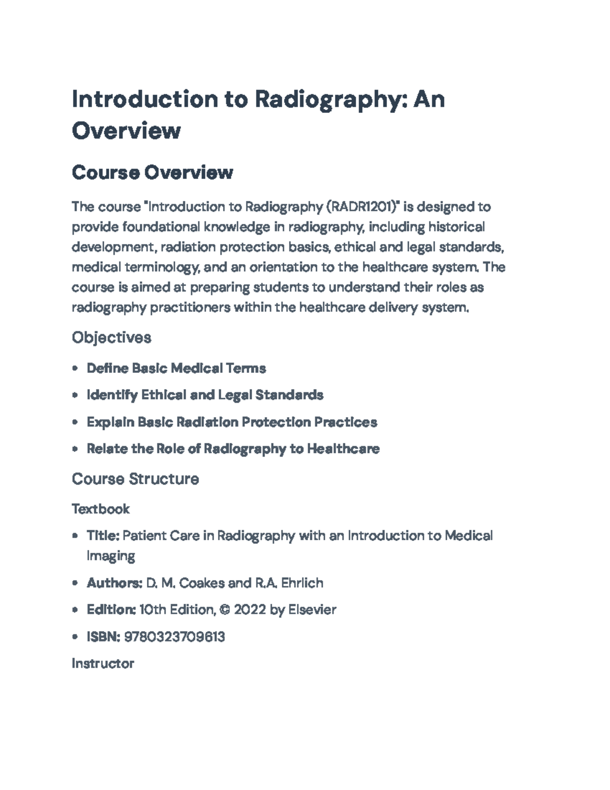 Introduction to Radiography (RADR1201) Course Overview and Outline ...