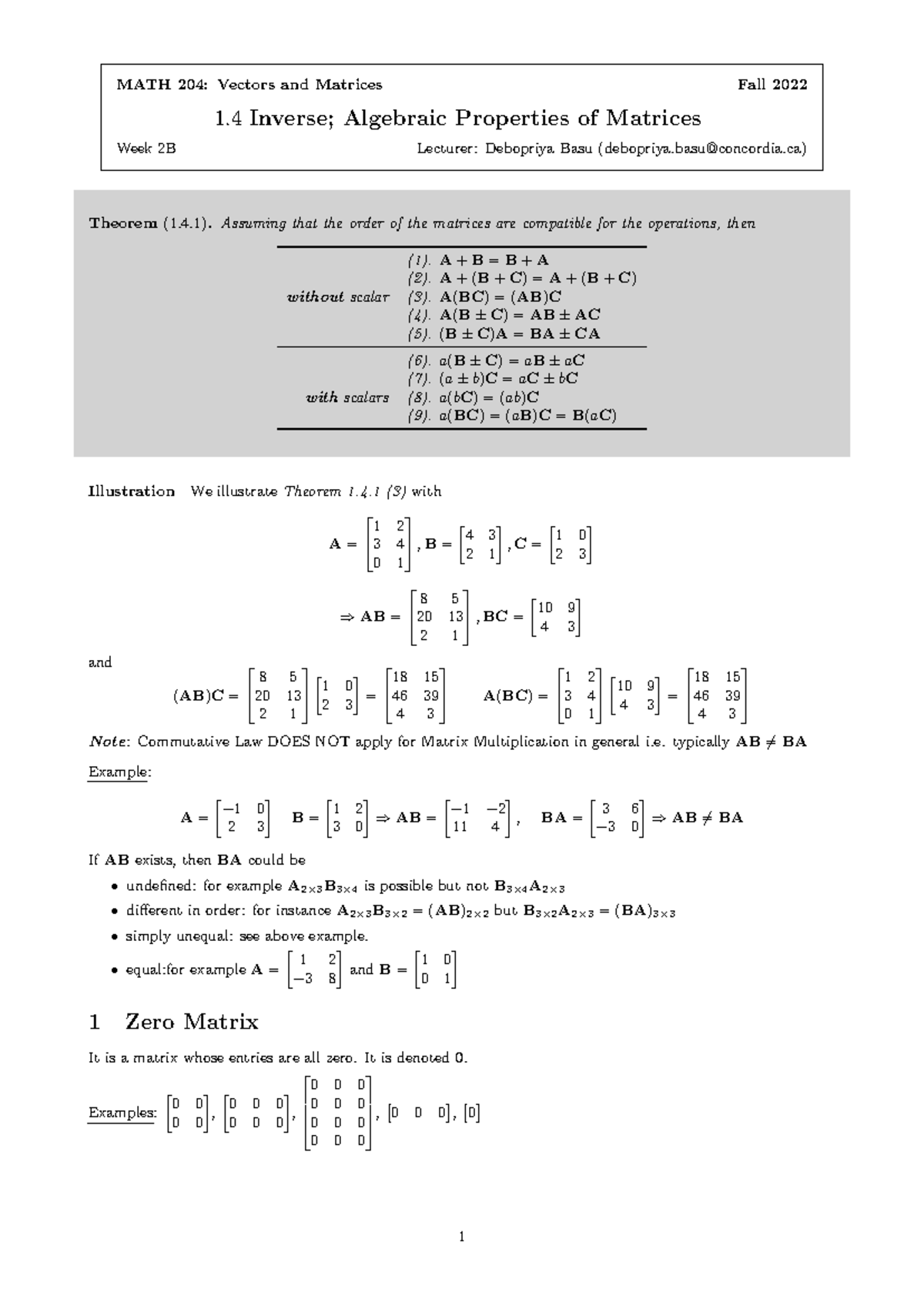 MATH 204: Vectors and Matrices Fall 2022 - Week 2B Review Notes - Studocu
