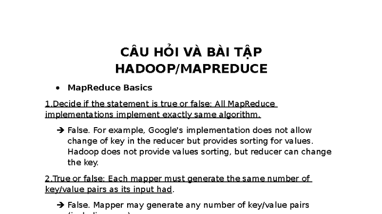 Scalable Mid - Câu hỏi về Hadoop và MapReduce Basics - Studocu
