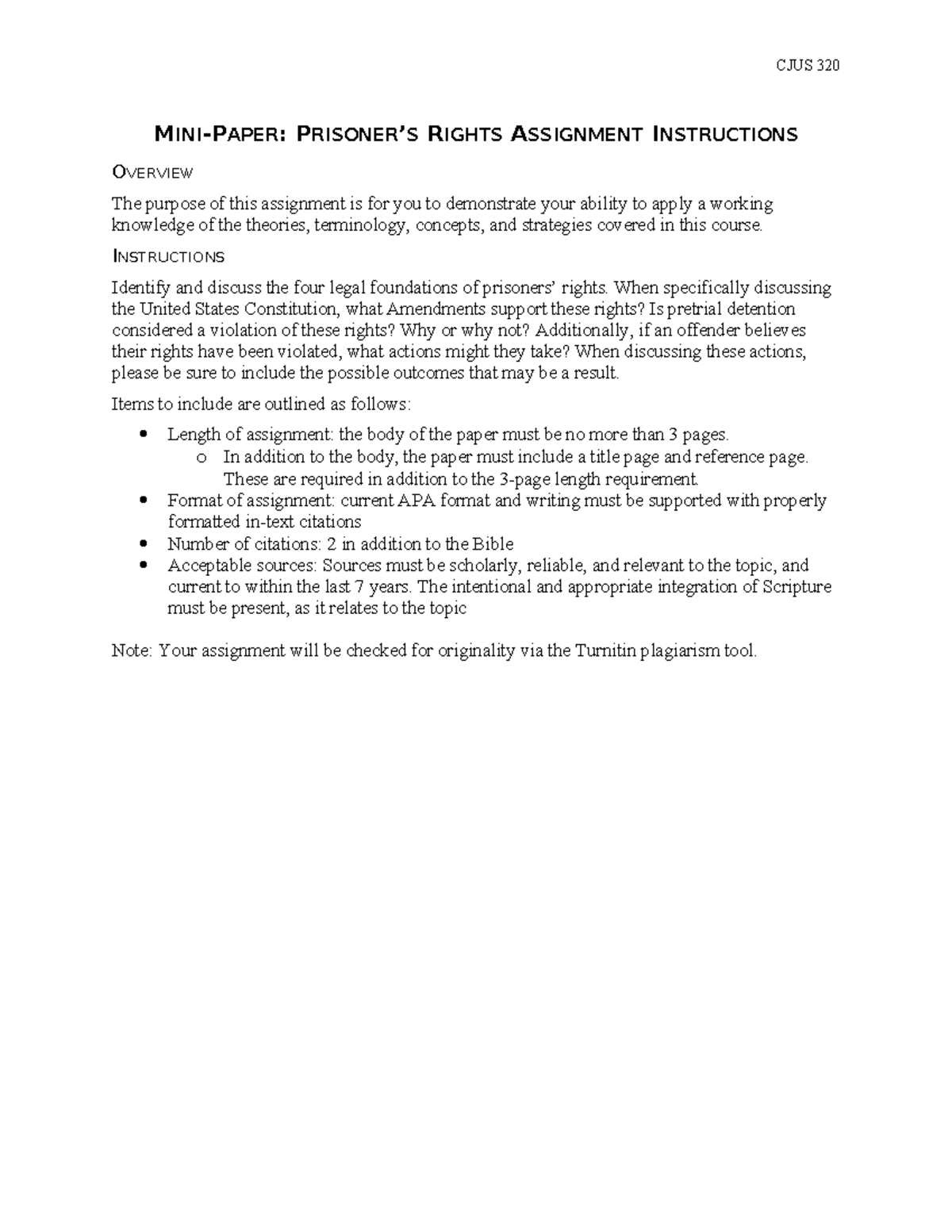 Mini Paper: CJUS 320 Prisoners' Rights Assignment Instructions - Studocu