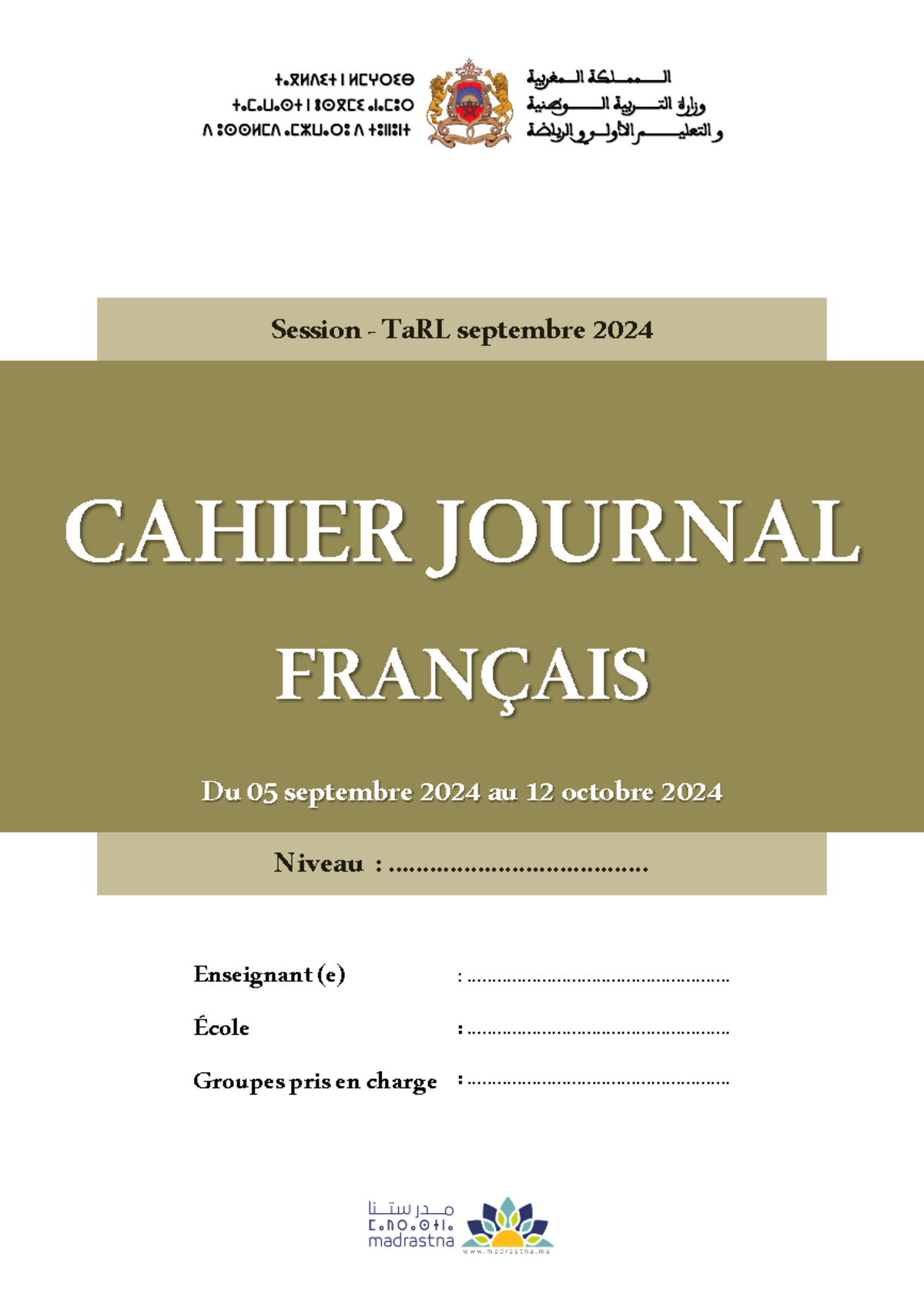 Cahier Journal d'Enseignant pour TaRL Français - Septembre 2024 - Studocu