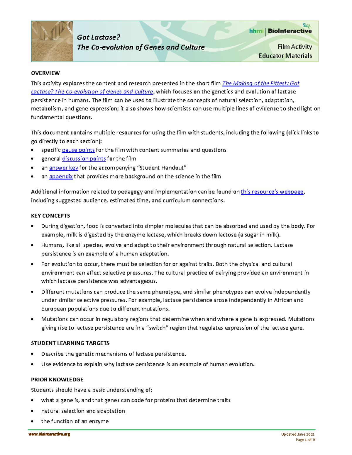 Got Lactase? Co-evolution of Genes & Culture - Educator Materials - Studocu